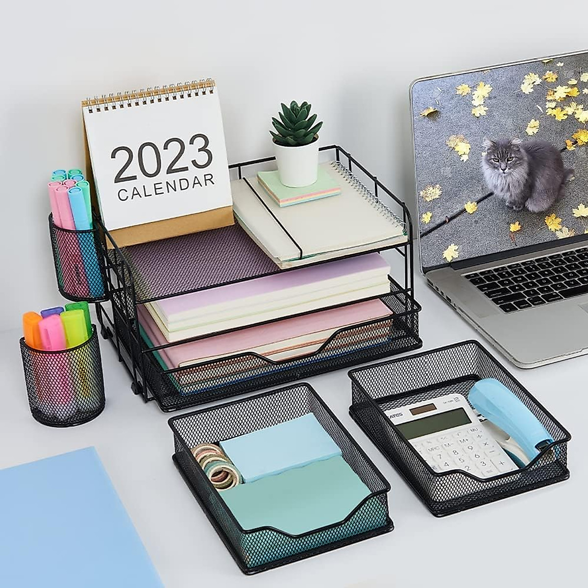 Youbetia Black Minimalist Desk Organizer with 3 Drawer, 2 Pen Holder, 2 Tier Letter Tray, Upper Display Rack, for Office Supplies