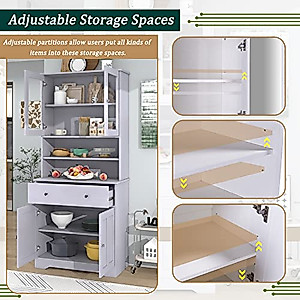 70.9" Freestanding Kitchen Pantry, Kitchen Cupboard Storage Cabinet with Glass Doors and Large Drawer Tall Pantry Cabinet Cupboard with Adjustable Shelves for Dining Room, Living Room, Antique White