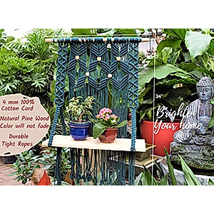 Macrame Wall Hanging Shelf-ideal décor-plants storage bookshelf-Bohemian Decorative Shelves-Boho Floating Indoor Shelving–For bedroom kitchen bathroom room with window Plant hanger-shelfs. Green
