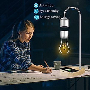 Levitating Light Bulb Floating Lamp Magnetic Levitation Anti-gravity LED Night Lights Cool Lamps for Bedrooms Decor Unique Desk Toys Office Gifts Home Decorations with Wireless Charger (Apple/Android)
