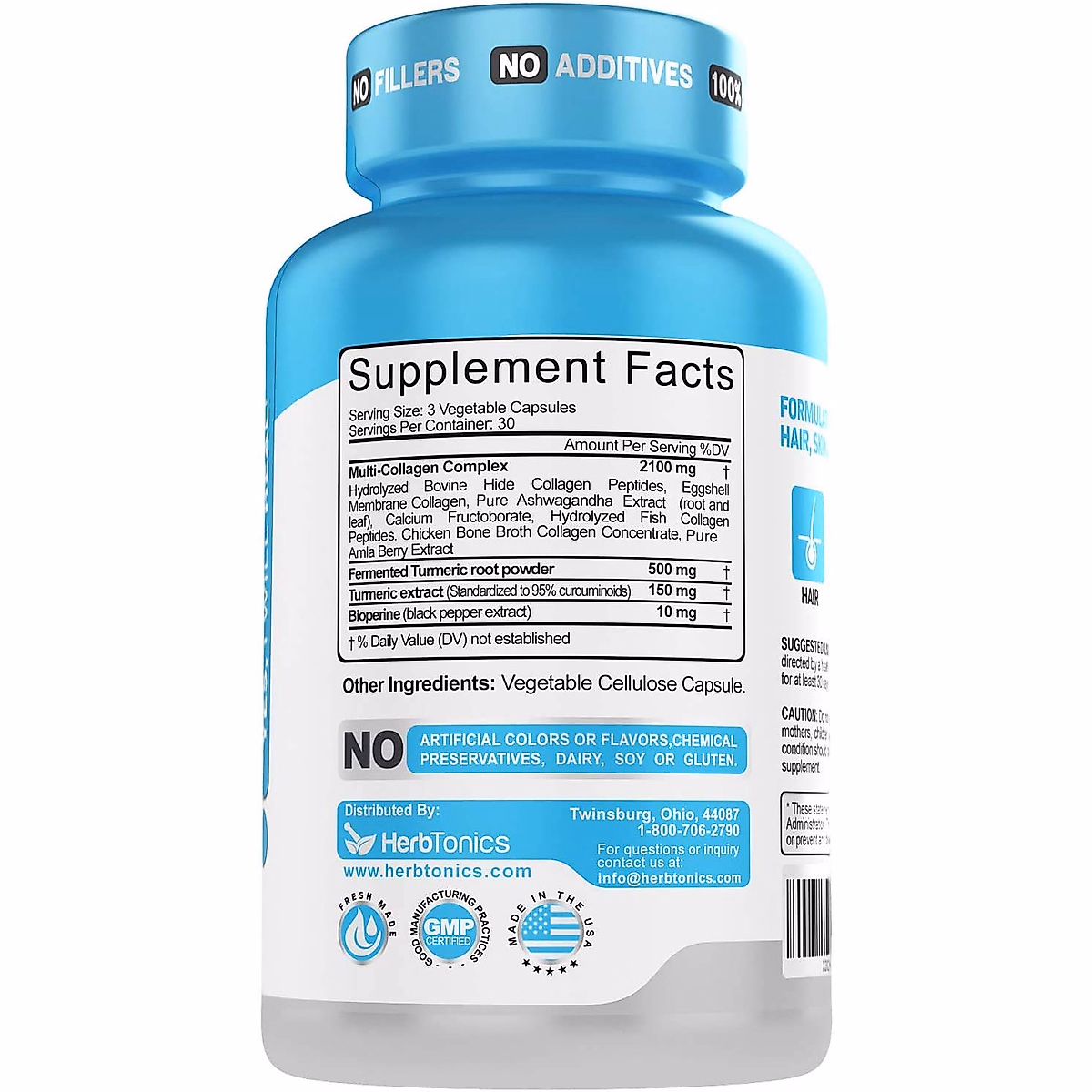 Multi Collagen Complex (Types 1 2 3 5 and 10) | Hydrolyzed Collagen Peptides | Collagen for Women & Men | Hair, Skin, Nails, Joint Support (with Turmeric) | 90 Capsules