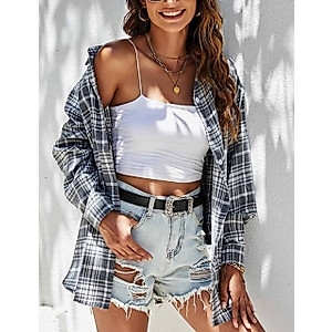 HangNiFang Flannel Plaid Shirts for Women Oversized Button Down Shirts Blouse(0768-Grey-XL)