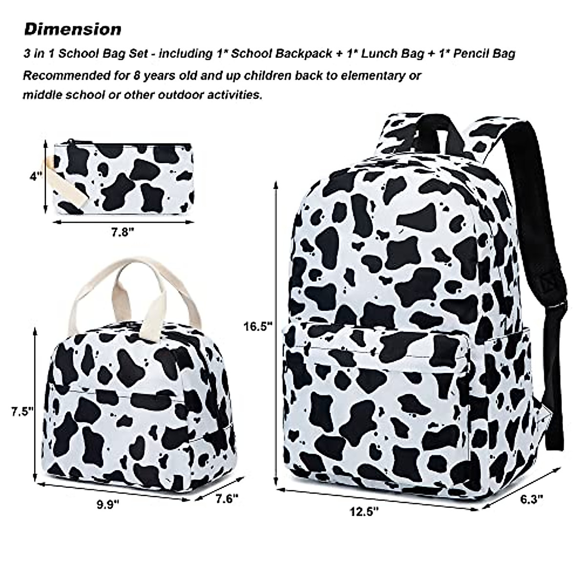 Xunteny Cow Print Girls School Backpack for Kids Teens, Elementary Middle School Backpacks Bookbag Set with Lunch Bag Pencil Case