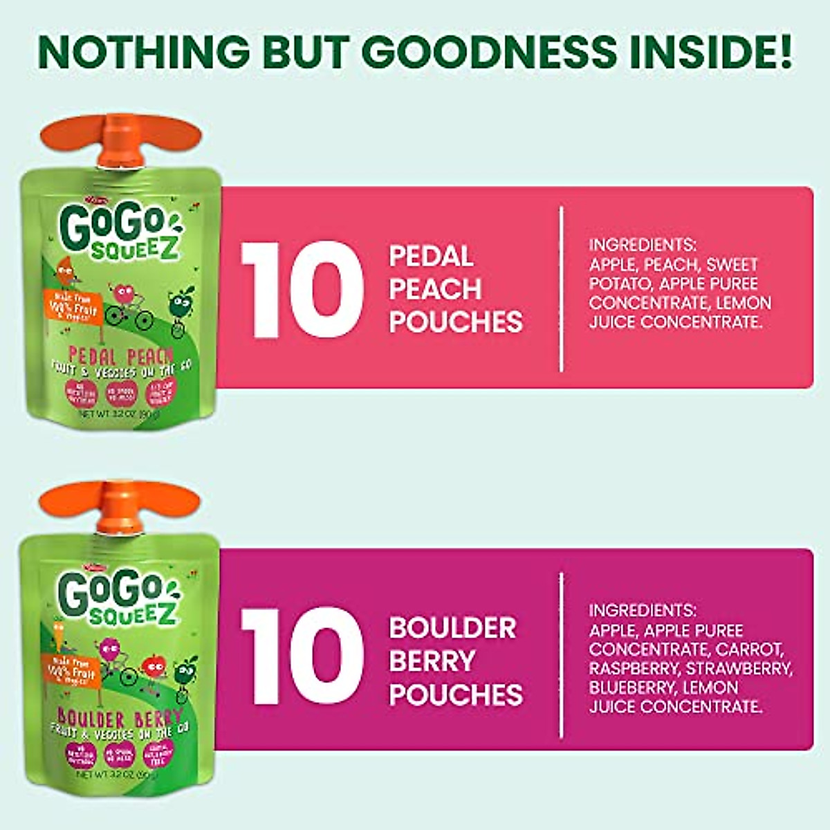 GoGo SqueeZ Fruit & VeggieZ Variety Pack, Pedal Peach and Boulder Berry, 3.2 oz (Pack of 20), Unsweetened Snacks for Kids, Gluten Free, Nut Free, Dairy Free, Recloseable Cap, BPA Free Pouches