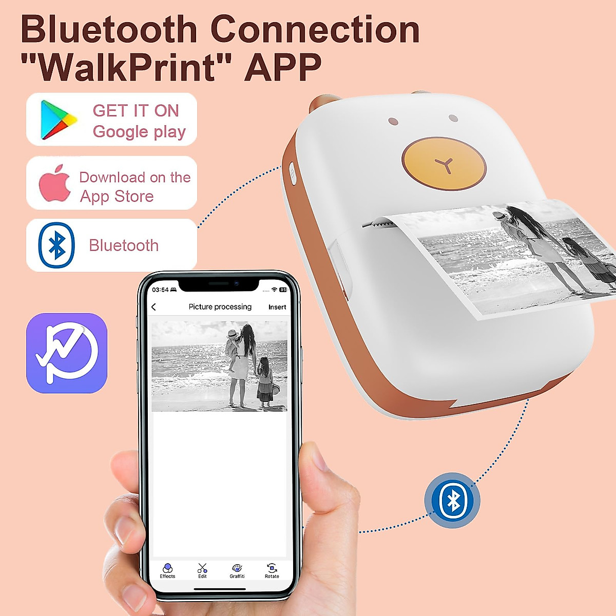 JAMSWALL Mini Printer Sticker Printer Label Maker, Wireless inkless Bluetooth Printer with 13 Rolls Thermal Paper, for DIY Creation, Study Notes, Memo, List, Gift.