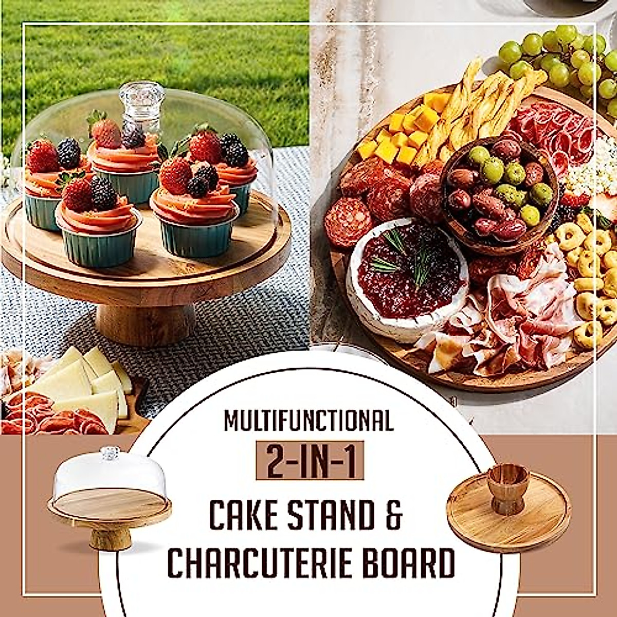 Cake Stand with Acrylic Dome Lid 2-in-1 Multifunctional Round Shatterproof Dessert Table Display Set with Acacia Wood Serving Platter, Veggie Tray, Fruit Bowl, Donut Stand, Nachos Plate by Homesphere