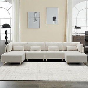 Lecut Sectional U-Shaped Couch 6 Seat Modular Sectionals Sofa Reversible Sectional Modular Sofa with Wide Chaise and 4 Pillows L-Shape Sectional Sofa for Living Room Bedroom Office 143”White