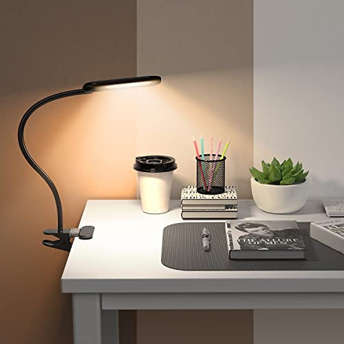 Dpower Desk Lamp with Clamp, 8W Clip on Light with 3 Lighting Modes, 10 Brightness Level, Eye-Caring Reading Lamp, Flexible Gooseneck Clamp Lamp, USB Desk Light for Bed Headboard Home Office Workbench