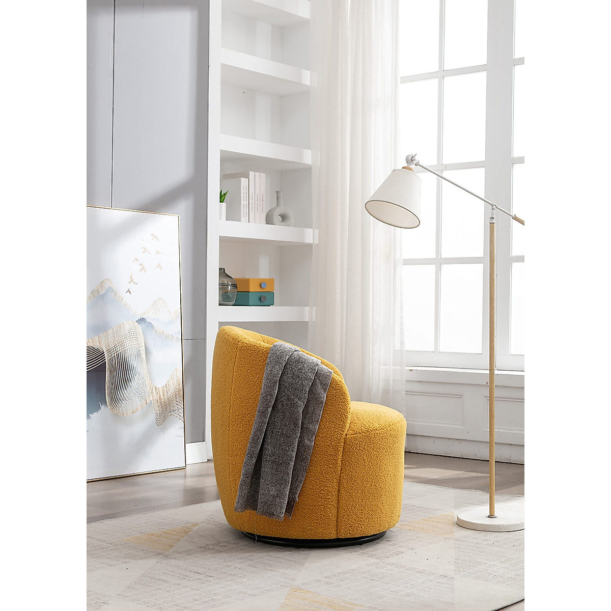 INMOZATA Swivel Barrel Chair, Teddy Fabric Modern Accent Armchair Barrel Chair with Metal Base, Upholstered Comfy 360°Round Single Reading Chair for Living Room Bedroom,Yellow