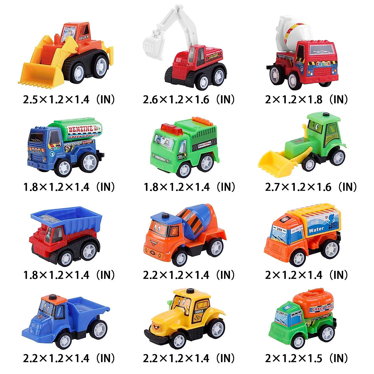 Fun-Here 12 Packs Construction Toy Pull Back Digger Mini Vehicles Excavator Bulldozer Truck Toy for 2 3 4 5 Year Old Kids Boy Girl Toddlers Party Favor Cake Decorations Birthday Gift