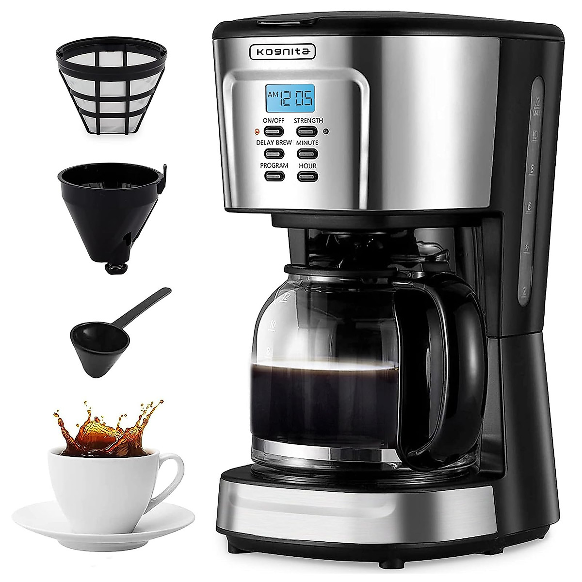 12 Cup Coffee Maker,Programmable Coffee Maker with Glass Carafe,900W Quick Brew Drip Coffee Pot,Auto Keep Warm,Anti-Drip,Brew Strength Control, Stainless Steel Coffe Machine for Home and Office