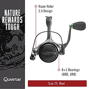 Quantum Energy S3 Spinning Fishing Reel, Size 25 Reel, Changeable Right- or Left-Hand Retrieve, Continuous Anti-Reverse Clutch, EVA Handle Knobs, 5.2:1 Gear Ratio, 8 + 1 Bearings, Silver/Black