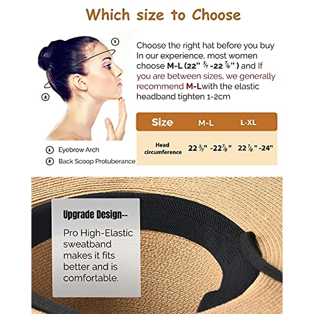 FURTALK Panama Hat Sun Hats for Women Men Wide Brim Fedora Straw Beach Hat UV UPF 50+ Black