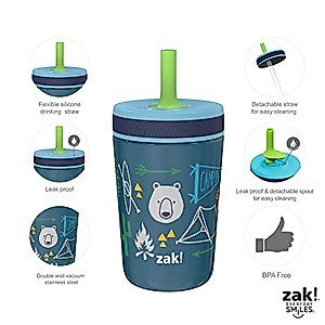 Zak Designs Campout and Camping Kelso Tumbler Set, Leak-Proof Screw-On Lid with Straw, Bundle for Kids Includes Plastic and Stainless Steel Cups with Bonus Sipper, 3pc Set, Non-BPA,15 fl oz