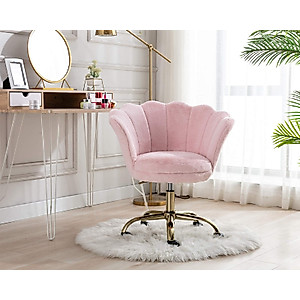Pink Desk Chair Fluffy Task Vanity Chair Home Office Chair Adjustable Rolling Swivel Chair with Wheels for Teens Adults Bedroom Study Room, Faux Fur