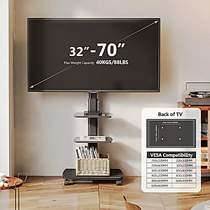 FITUEYES Rolling TV Stand, Mobile TV Cart on Wheels for 32 - 65 70 Inch Flat Screen TVs, Tall TV Floor Stand with Swivel Mount, Corner TV Stands for Bedroom, Outdoor, Home Office, Small Dorm, Black