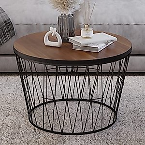 Lavish Home Coffee Table with Geometric Base, Walnut