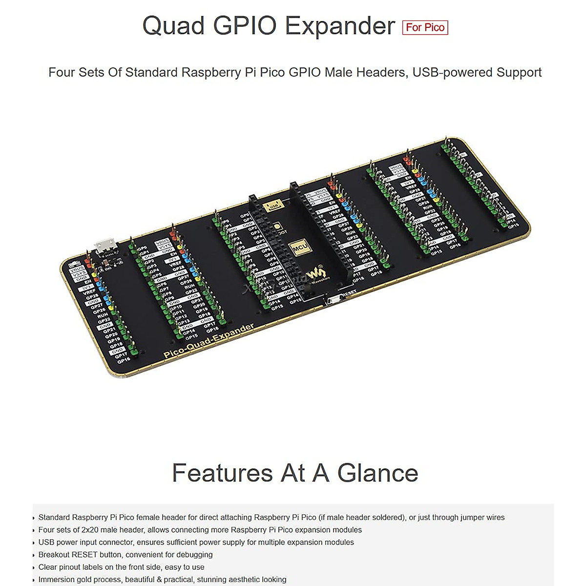 Quad GPIO Expander for Raspberry Pi Pico for Connecting More Expansion Modules Four Sets of Male Headers USB-Powered Support @XYGStudy (Pico-Quad-Expander)