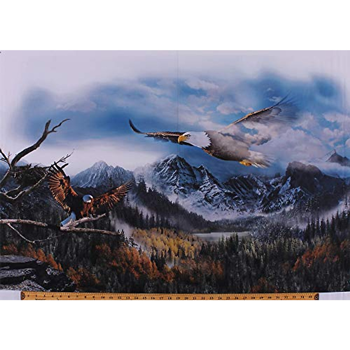 29.5" X 44" Panel Majestic Bald Eagles Flying Realistic Birds Mountains Forest Northwoods Landscape Scenic Wildlife Nature Patriotic Call of The Wild Digital Print Cotton Fabric Panel (Q4489-SKY-16)