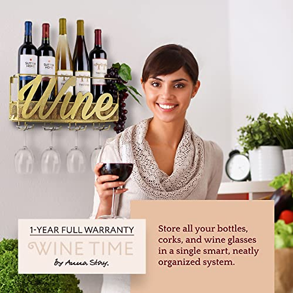 Anna Stay Wine Rack Wall Mounted - Decorative Wine Rack with Wine Glass Holder, Wall Mounted Wine Rack inc Cork Storage & Wine Charms, Wine Gifts with Wine Bottle Holder for Wine Decor