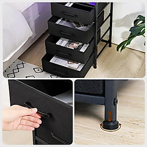 LOAKEKEL Night Stand Set 2, Tall Nightstand with Charging Station, LED End Tables with USB C Ports and 2 Outlets, Bedside Table with 4 Fabric Drawers, Dresser for Bedroom, Black, HNS024BK