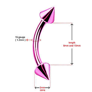 Curved Barbells 16Gx3/8(1.2x10MM) Purple NEON Anodized Over 316L Surgical Steel with 3MM Cone Eyebrow Jewelry