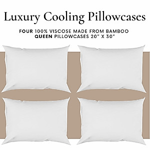 Bamboo Bay Hotel Quality 4 Piece Cooling Pillow Cases For Hot Sleepers - 100% Viscose Made From Bamboo Pillowcase - Soft & Breathable Pillow Covers with Envelope Closure - Queen 20 x 30 Inches - White