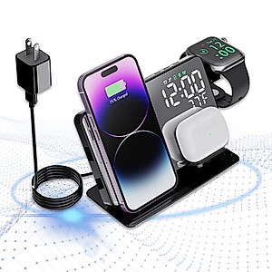4-in-1 Wireless Charging Station for Apple Devices, 18W Fast Charge Wireless Charger with Alarm Clock and Temperature Display, Wireless Charger Stand for iPhone 14 13 12, Apple Watch & AirPods