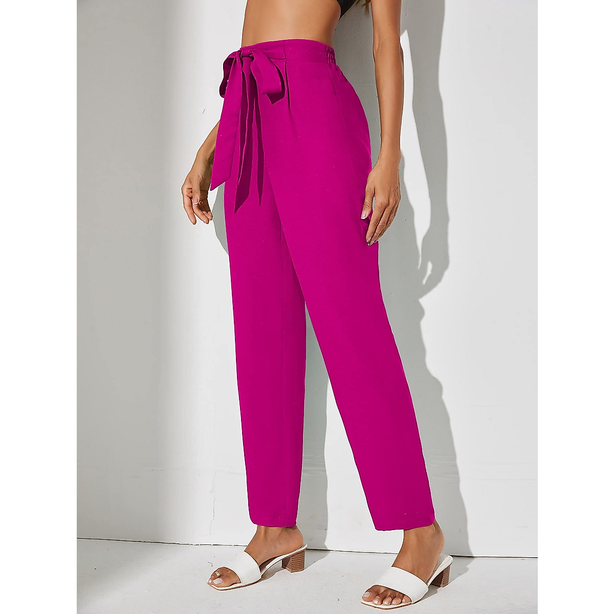 WDIRARA Women's Stretchy Plaid Print Pants Soft Skinny Regular Fashion Leggings Hot Pink Solid L