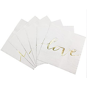 Dulousia White Luncheon Paper Napkins Stamped with Sparkle Gold Love - Folded 6.5 x 6.5inch for Wedding, Bridal/Baby Shower, Dinner Birthday Party (48Count)