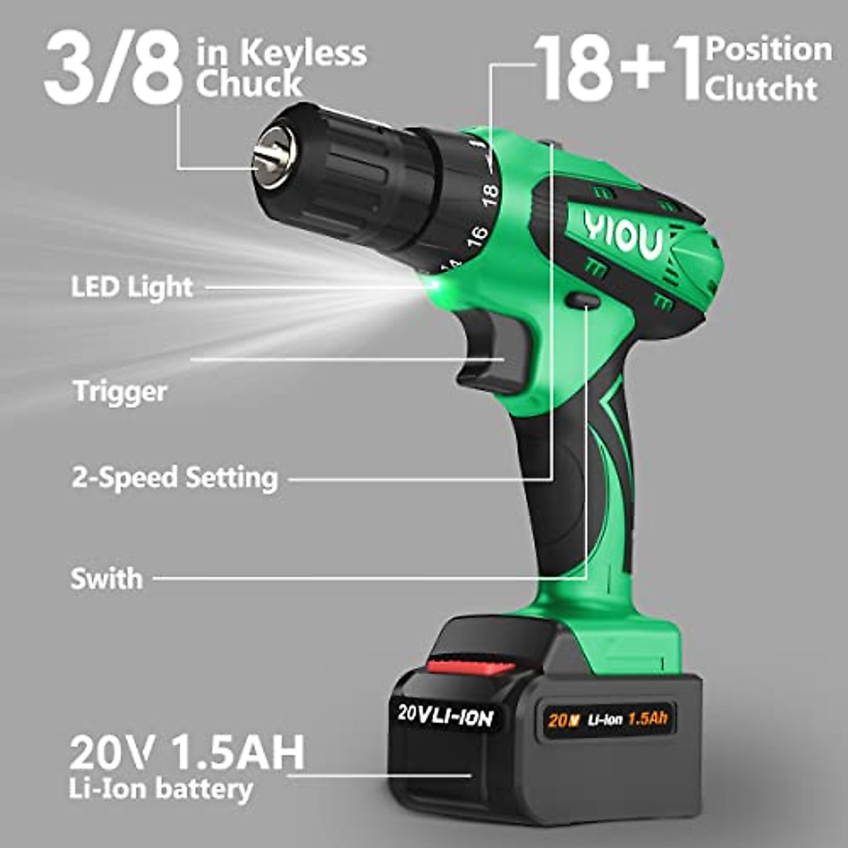 YIOU 20V MAX Cordless Drill, 18 Position Clutch Drill with 23PCS Drill Set, 3/8 Inches Keyless Chuck Power Drill and Battery Charger, Green Driller Set