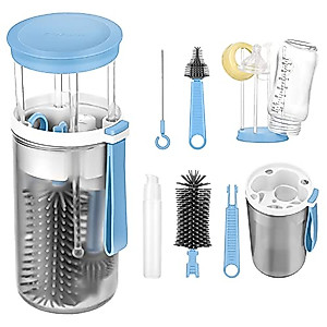 welltop Travel Bottle Cleaner Kit, Portable Baby Bottle Brush Set with Silicone Bottle Cleaning Brush, Built-in Bottle Drying Rack, Nipple Brush, Straw Brush, Bottle Soap Dispenser for Travel Home