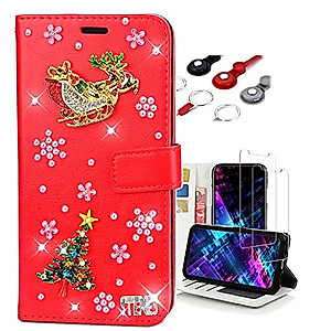 Fairy Art Crystal Wallet Case Compatible with Samsung Galaxy Z Fold 5 - Sled Christmas Tree - Red - 3D Handmade Sparkly Glitter Bling Leather Cover with Screen Protector & Neck Strip Lanyard