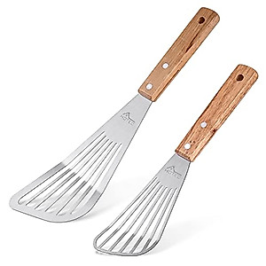 HOTEC Stainless Steel Thin Slotted Fish Turner Spatula with wooden handle