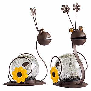 Darkdec Solar Globe Lights Outdoor Snail Garden Decor - 2 Pack Cracked Glass Solar Ball Lights Warm White Metal Snail Garden Lights Solar Powered Waterproof for Patio Yard Lawn