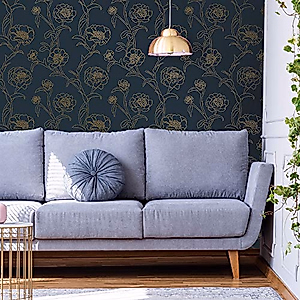 Tempaper Peacock Blue & Metallic Gold Peonies Removable Peel and Stick Floral Wallpaper, 20.5 in X 16.5 ft, Made in the USA