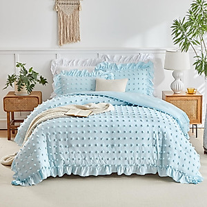 Tufted Dots Ruffle Comforter Set Twin Size, 3 Pieces Blue Ruffled Farmhouse Comforters, Luxury Embroidery Shabby Chic Pom Pom Tufts Boho Bohemian Bedding Set for Kids(1 Comforter + 2 Pillowcases)