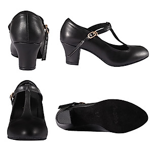 Women's T-Strap Character Shoes Latin Ballroom Dance Heels Black Wedding Pumps, Black 8 M US