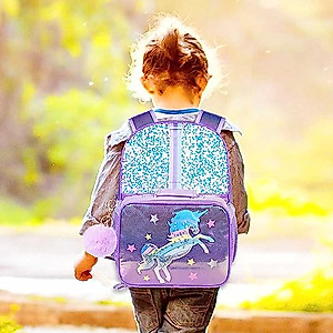 KLFVB 3PCS Unicorn Backpack, 16" Sequin Kids Girls Bookbag and Lunch Box, Preschool Backpacks for Elementary Students