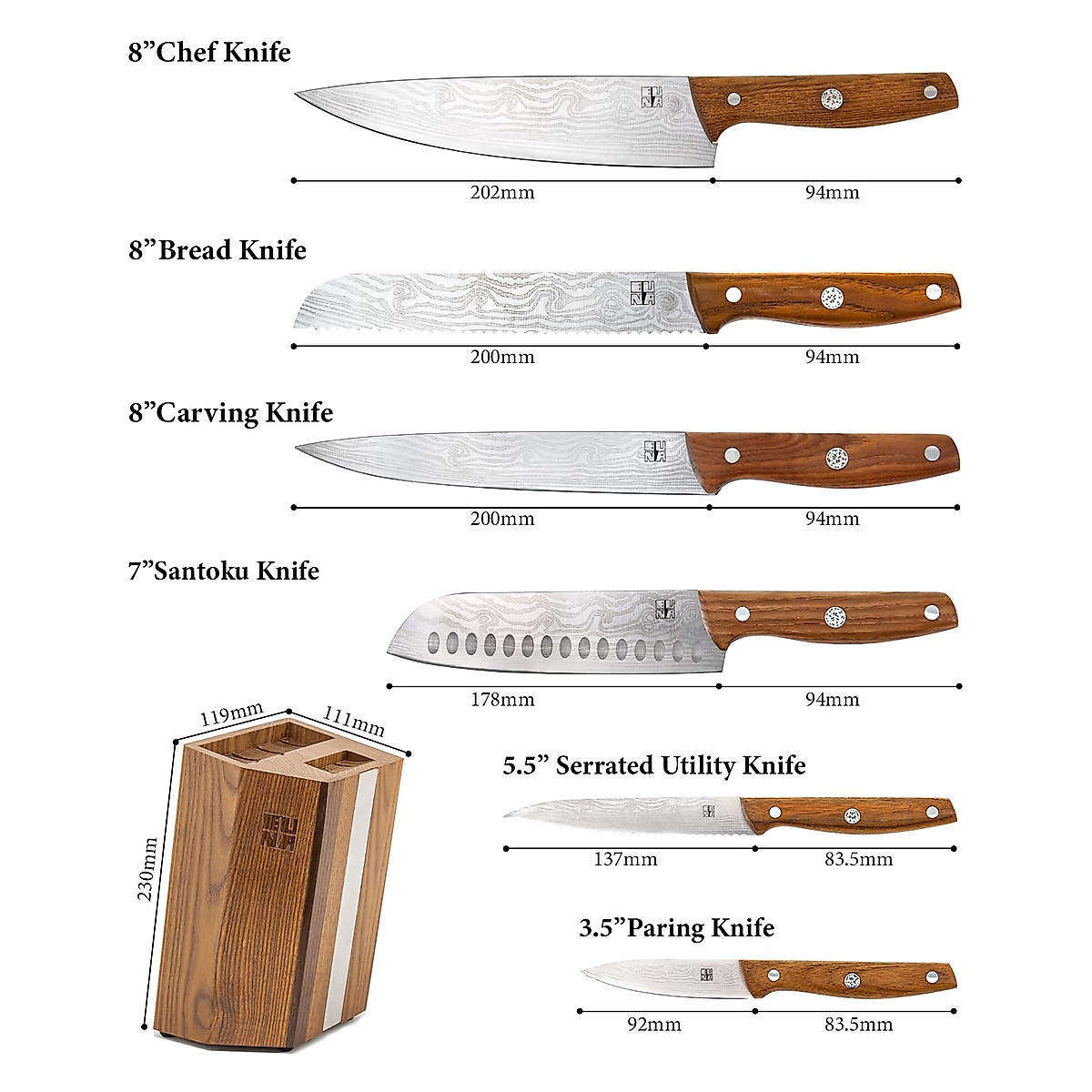 Knife Set, 7 Pieces Knife Block Set, EUNA Kitchen Knife Set with Wooden Handle, Japanese Stainless Steel Chef Knife Set Professional Cooking Knives, Silver