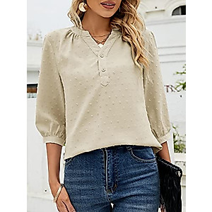 Womens Summer V Neck 3/4 Sleeve Blouses Swiss Dot Tunic Tops Casual Button Shirts Beige