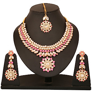 Touchstone gold tone Indian Hollywood Mughal era Kundan look fuchsia color bridal jewelry necklace set