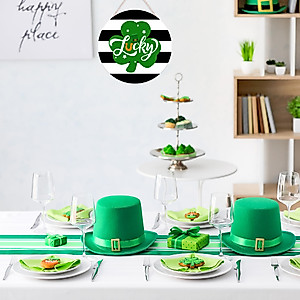 ROCWOHO St Patrick's Day Lucky Wooden Sign Round Wood Hanging Door Sign with Ribbon Bow Decoration and Wreath Clover Farmhouse Wood Door Decor for Home Outdoor Indoor Office Front Door Wall Decor