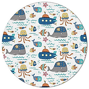 Round Modern Area Rug Mats for Living Room Cute Submarine Whale Fish Octopus Cartoon Ocean Sea Life Pattern Non-Slip Floor Mat Carpet Soft Throw Rug Comfort Accent Rug for Kitchen/Kids Room