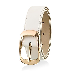 RISANTRY Womens White Belts with Gold Buckle, White Leather Belts for Women Dressy, Ladies White Fashion Waist Belt for Pants
