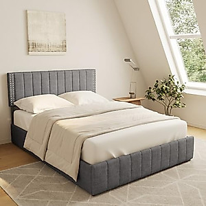 Gizoon Queen Bed Frames with 4 Storage Drawers on Wheels and Headboard Adjustable, Fits 6" to 12" Mattress, No Box Spring Needed (Light Grey)