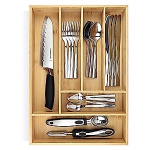 Pristine Bamboo silverware tray organizer– Flatware Utensil Cutlery Silverware Holder for Drawer – Small Extra-Deep Wooden Kitchen Drawer Organizer Divider for Spoons Forks Knives cutleries (6-Slots)