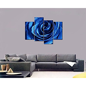 Wieco Art Blue Rose with Dew Canvas Wall Art Abstract Romantic Flower Pictures Paintings Wall Art for Living Room Bedroom Decorations Wall Decor Large 4 Panels Modern Canvas Prints Artwork