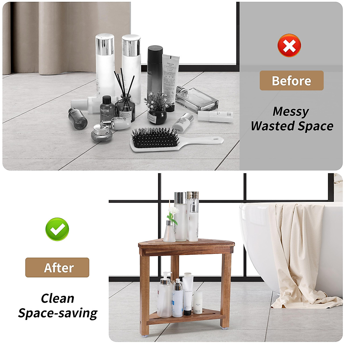 Boulphia Shower Foot Rest 14in, Acacia Wood Shower Stool for Shaving Legs, Waterproof Corner Shower Stool with Storage Shelf for Inside Small Shower Spaces