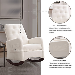 Modern Accent Rocking Chair, Button Tufted Upholstered Glider Rocker for Nursery, Comfy Armchair with Side Pocket, Lounge Chair with High Backrest for Living Room, Bedroom, Office (White Teddy)